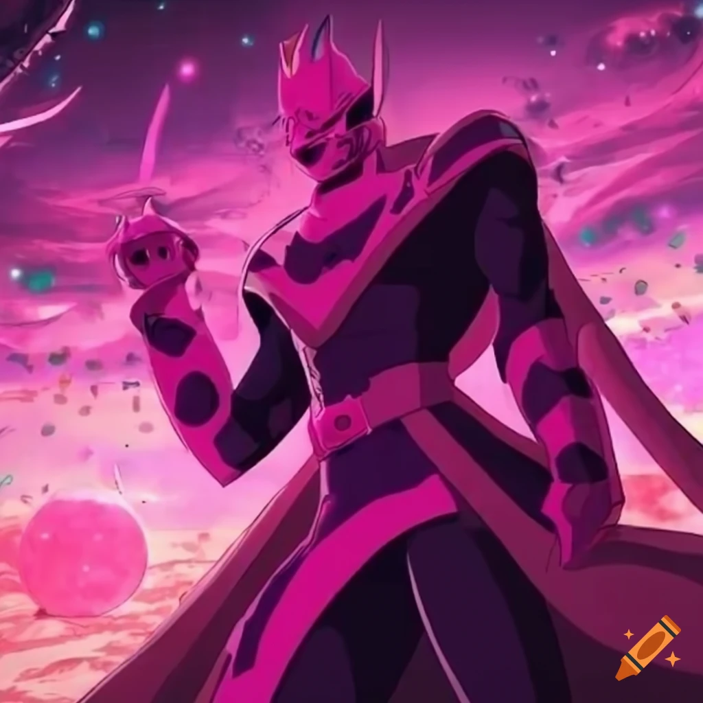 Cartoon pink soldier king in cosmic dream war with monsters and aliens ...