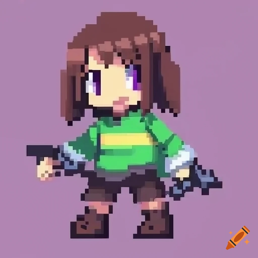 Chara styled with guns in pixel art, wearing a white jacket and smiling ...