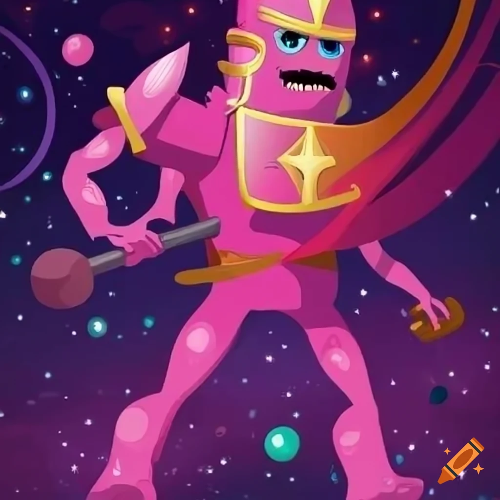 Cartoon pink soldier king in cosmic dream war with monsters and aliens ...