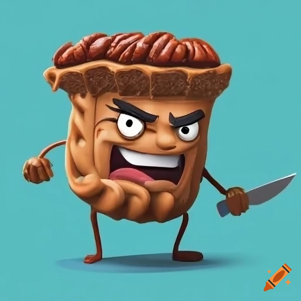 Animated angry pecan pie character holding a knife on Craiyon