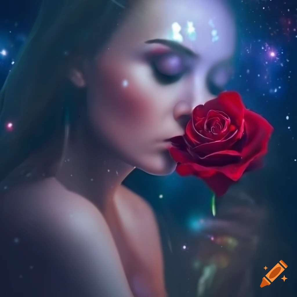 Beautiful female with a red rose under a dark moonlight holding on with a galaxy background on ...