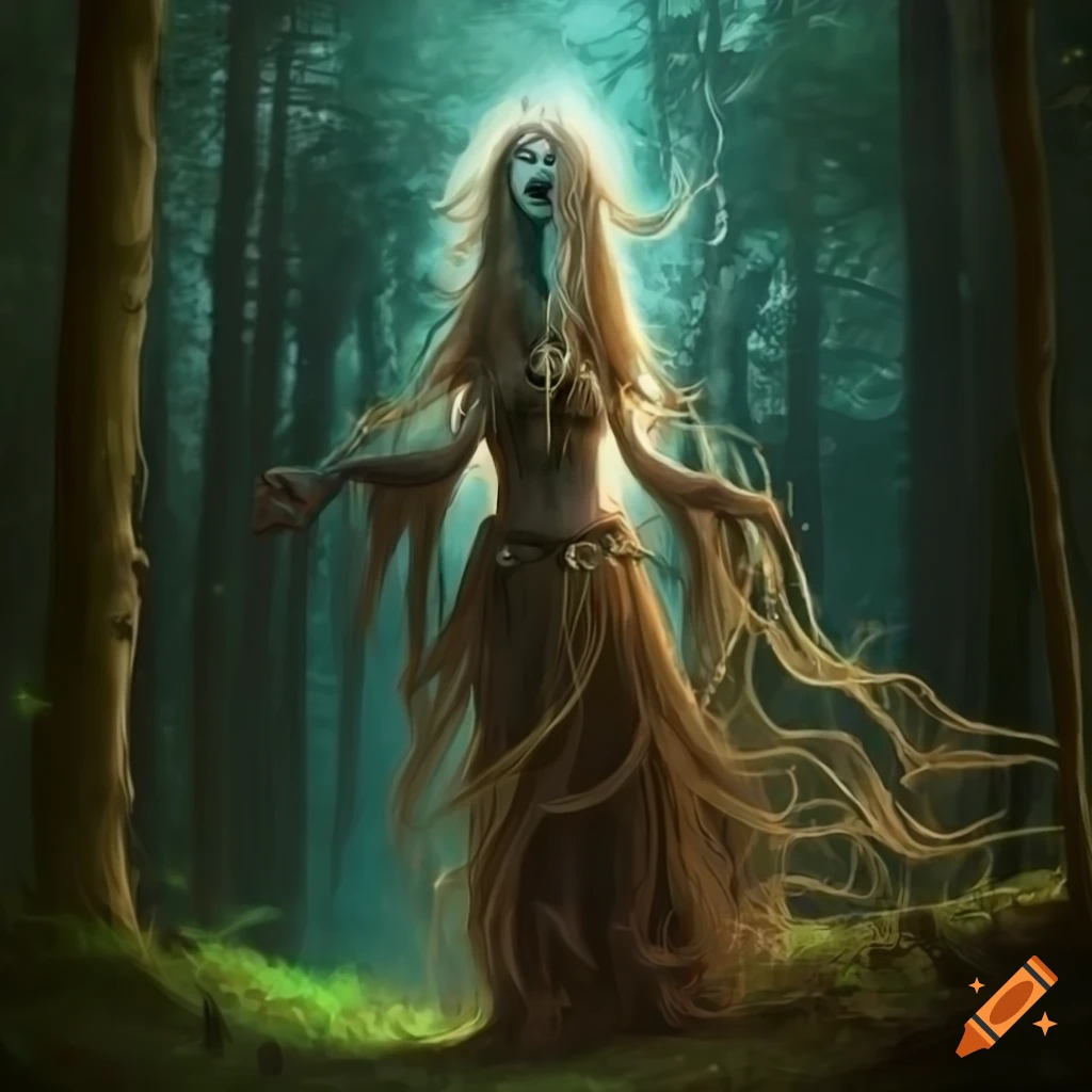 Wind elemental girl with bronze belt and smoky hair in a forest scene on Craiyon
