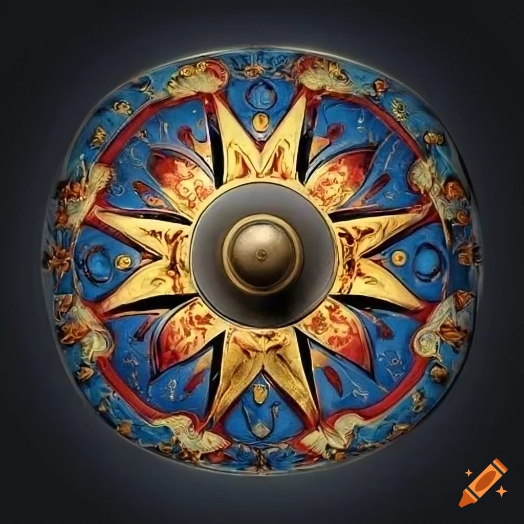 Blue Roman scutum shield with a golden eight-pointed star heraldic design on Craiyon