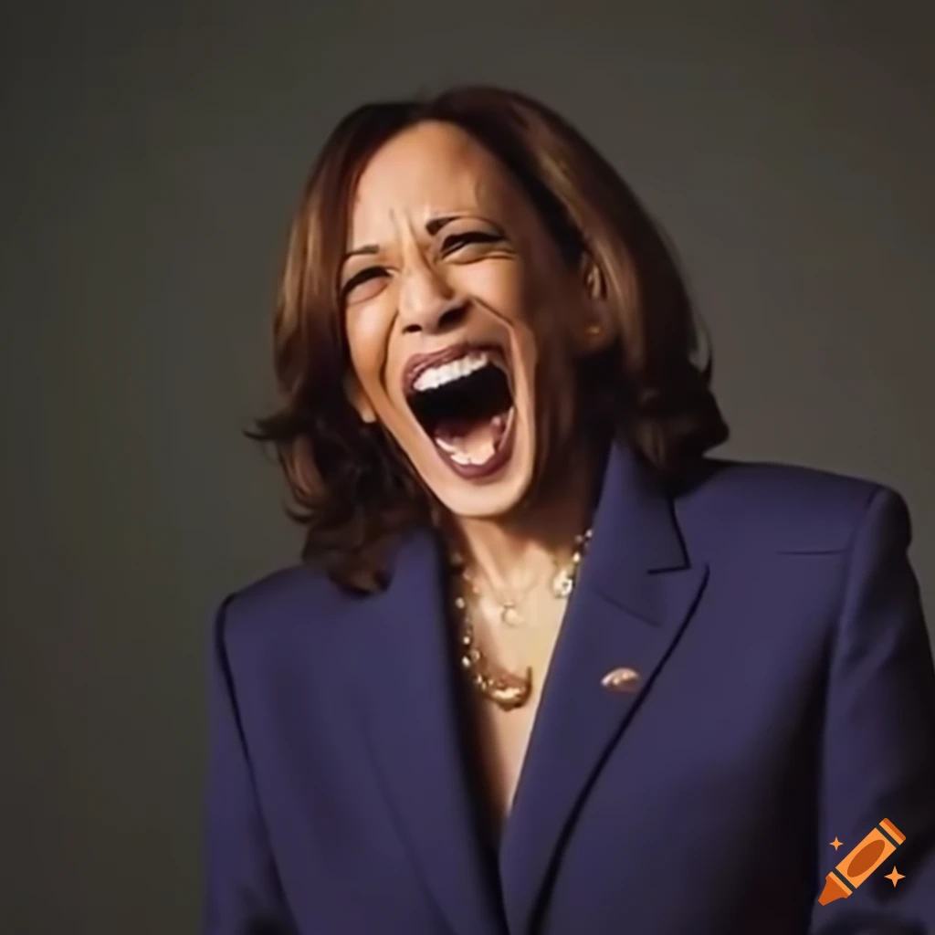 Kamala Harris laughing with a cartoonish-like oversized mouth on Craiyon