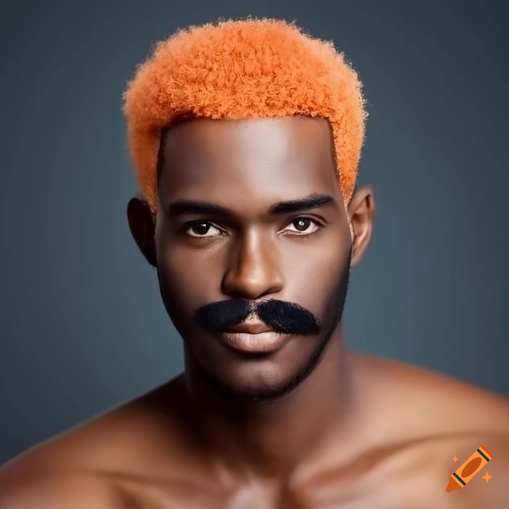 Closeup portrait of a dark-skinned male model with peach hair and a ...
