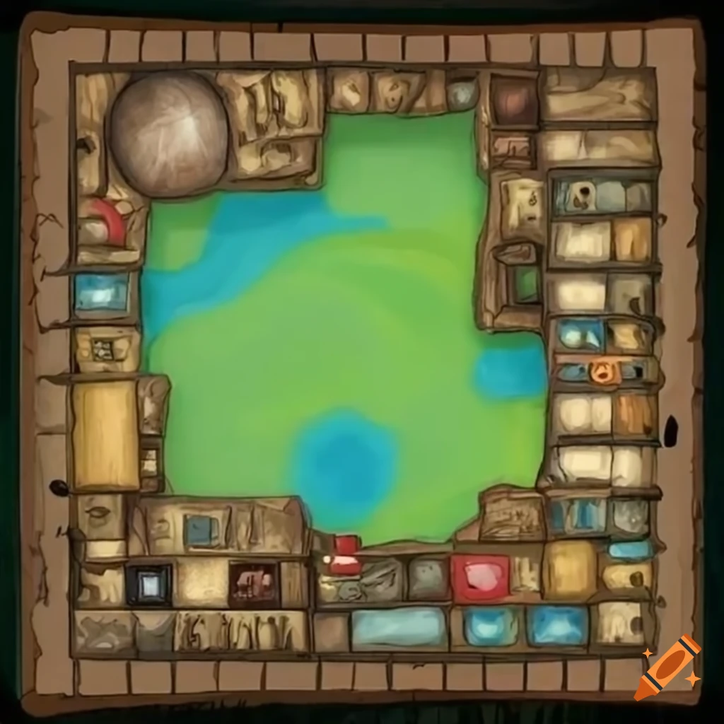 Forest-themed board game with rooms like a cave and a lake on Craiyon