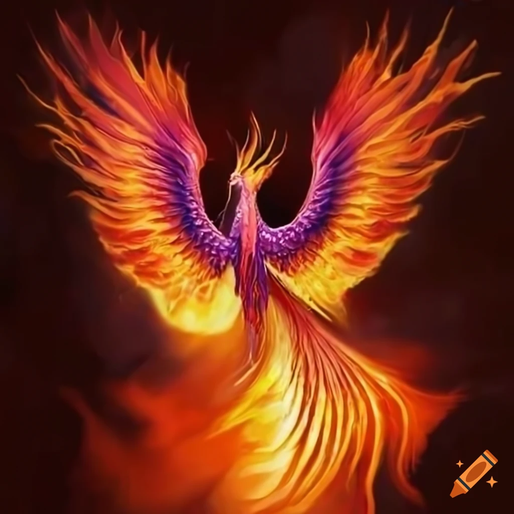 Fantasy phoenix rising from ashes in fiery colors on Craiyon
