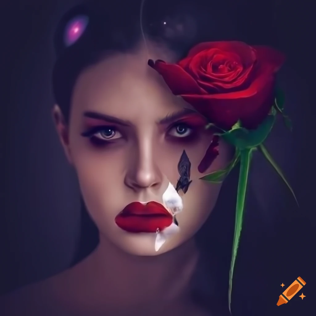 Beautiful female holding a red rose under a dark moonlight in a starry galaxy on Craiyon