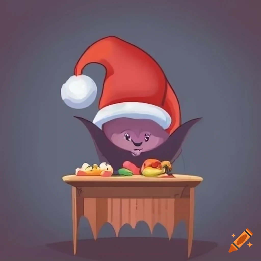 Cartoon bat in a Santa hat with Thanksgiving dinner on a table on Craiyon