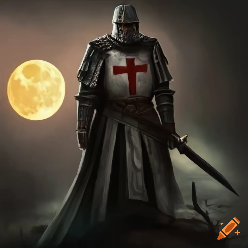 Knight templar wounded and kneeling in a moonlit forest with his sword ...