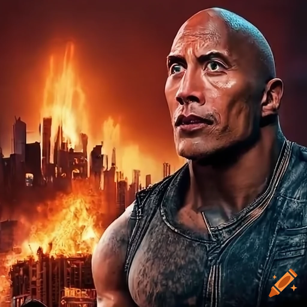 Elon Musk in a battle with Dwayne The Rock Johnson in a fiery cityscape ...