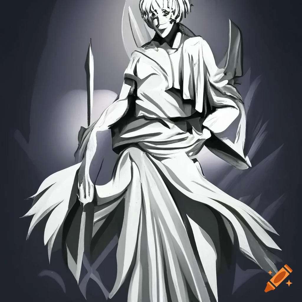 Intimidating angel sculpture with robe and spear on Craiyon