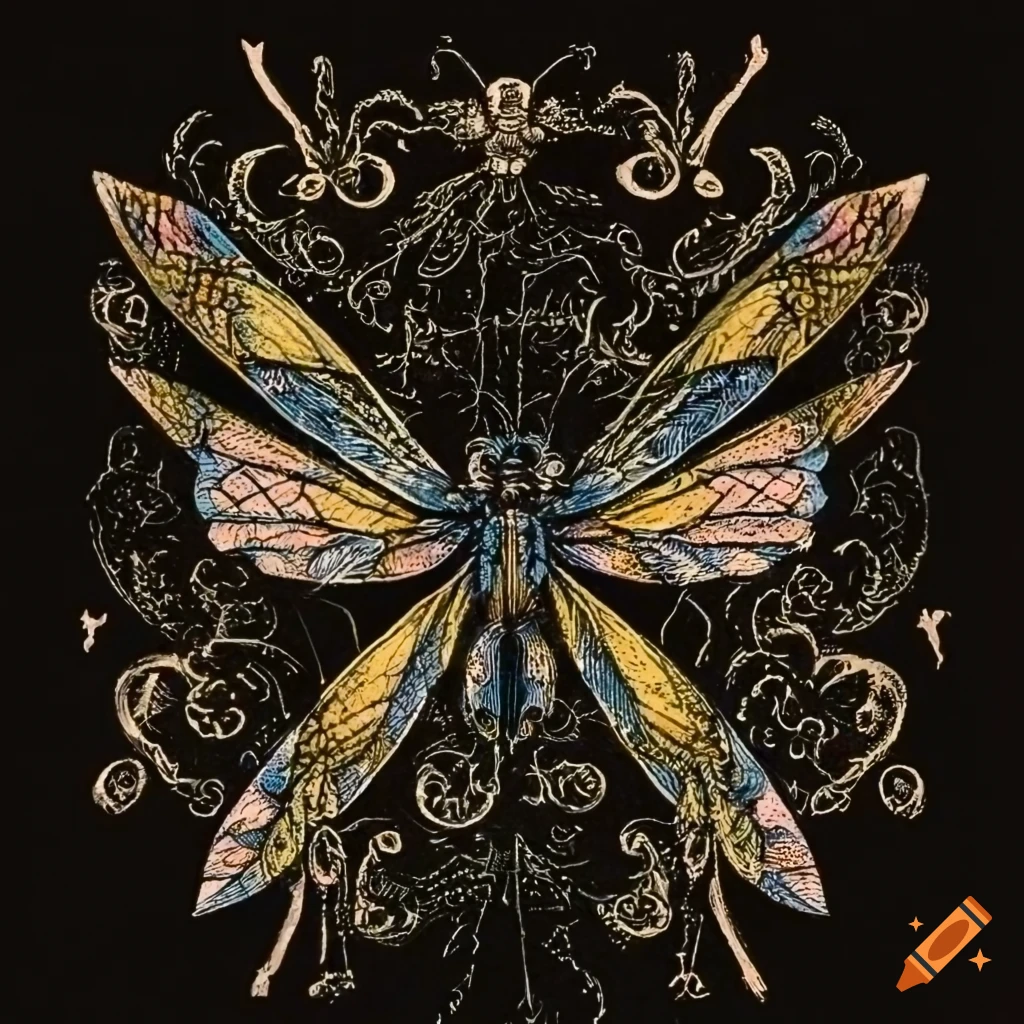 Dragonflies in a whimsical 15th-century German printmaking style on Craiyon