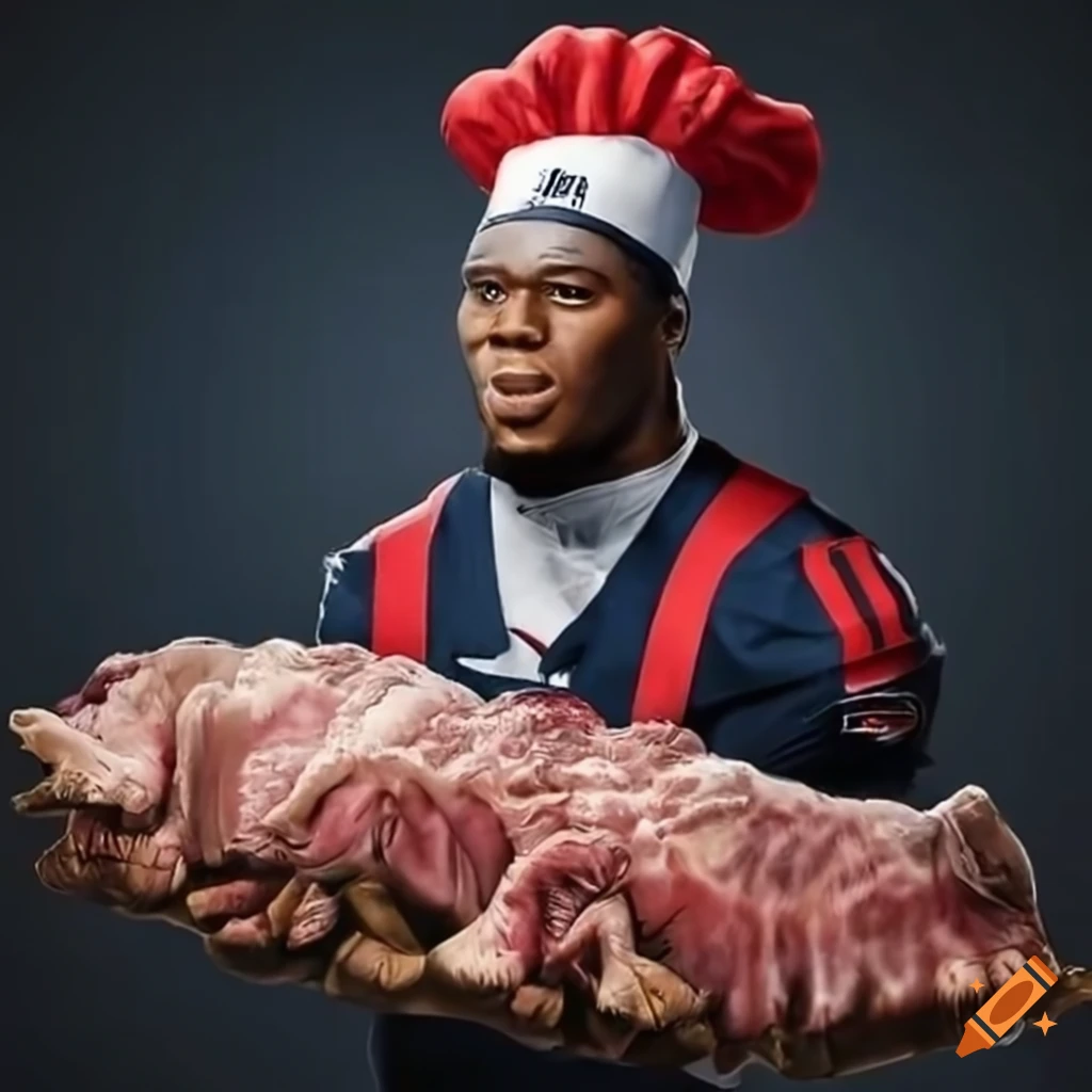 Josh gordon in patriots gear with chef hat holding a rack of lamb in ...