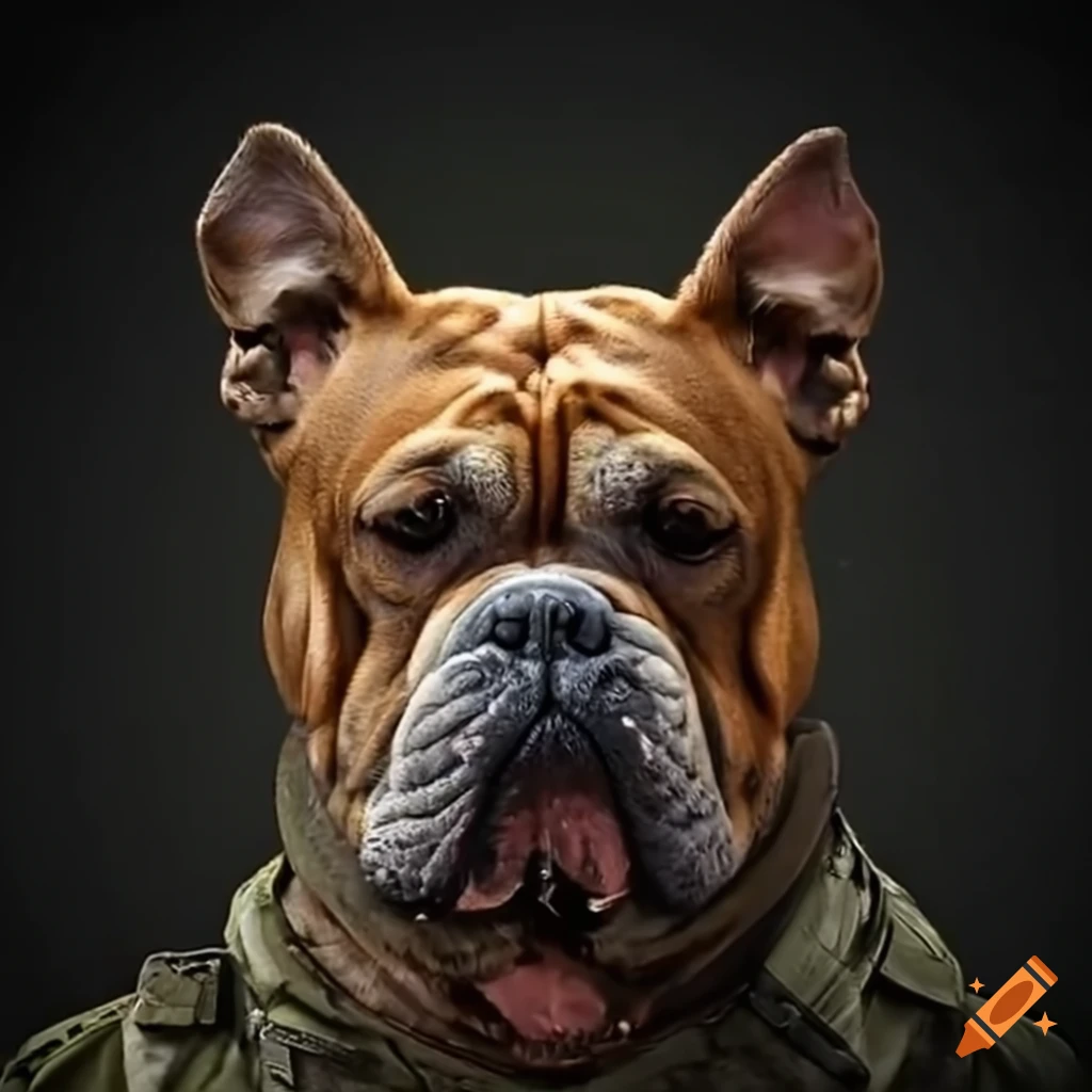 Intimidating military-trained bulldog at attention in a military ...