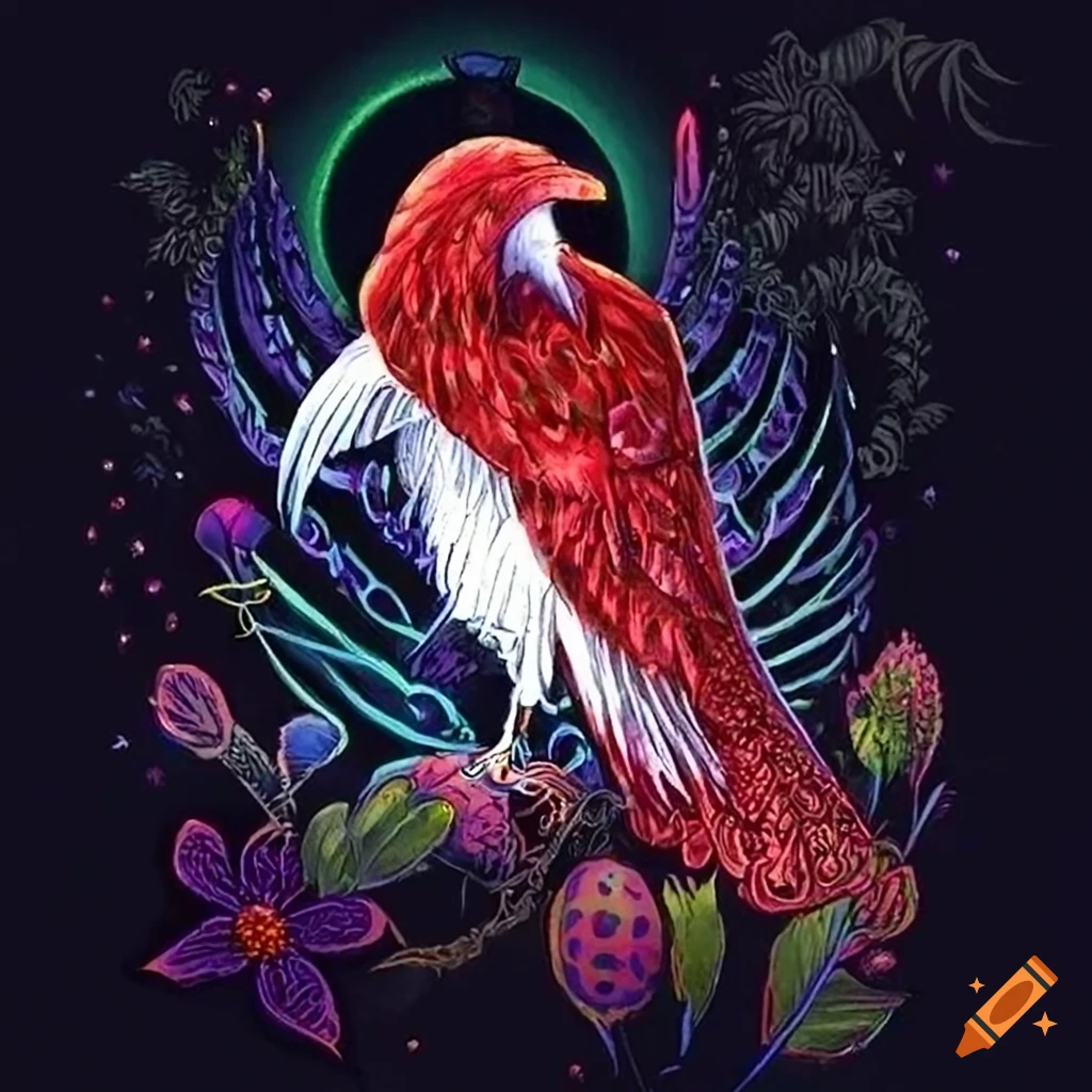 Red and White Raven in colorful peacock feather cloak in a fantasy ...