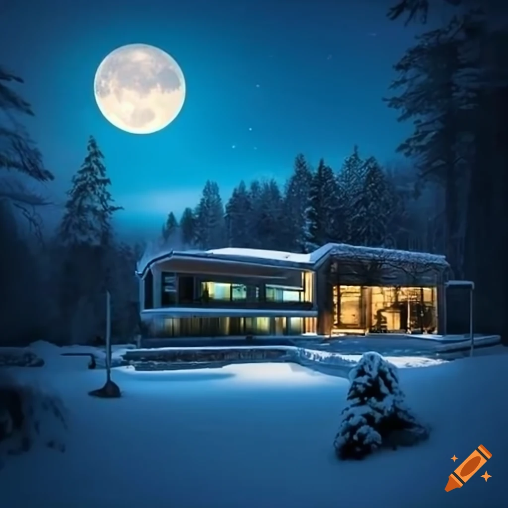Modern mansion in a forest surrounded by mountains and snow at night on ...