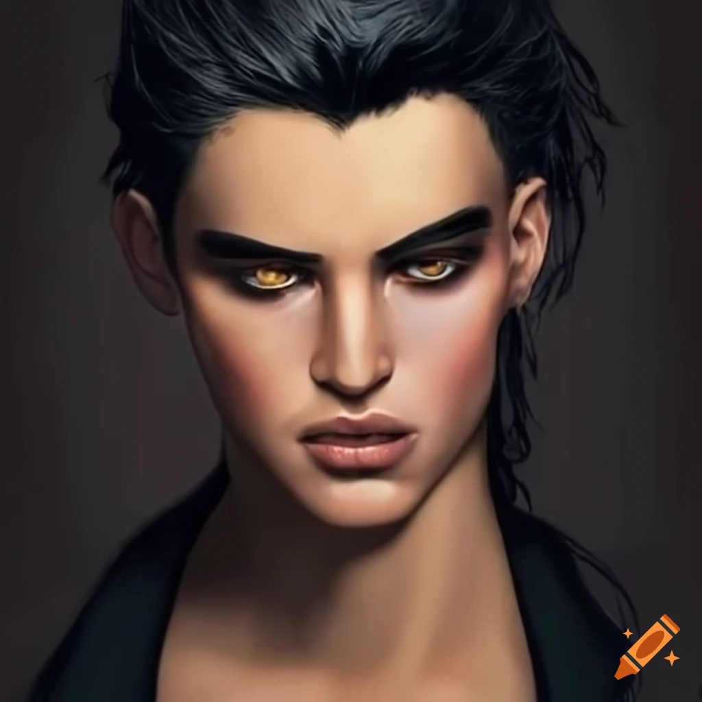 Charming man with golden eyes and black hair exuding a mischievous vibe ...