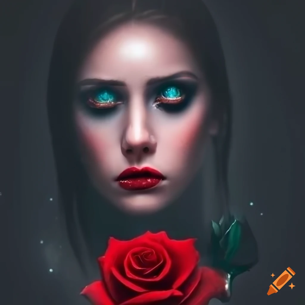 Beautiful female holding a red rose under a dark moonlight in a starry galaxy on Craiyon