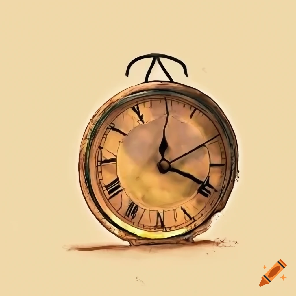 Digital painting of an ancient broken clock with melting sand in ...
