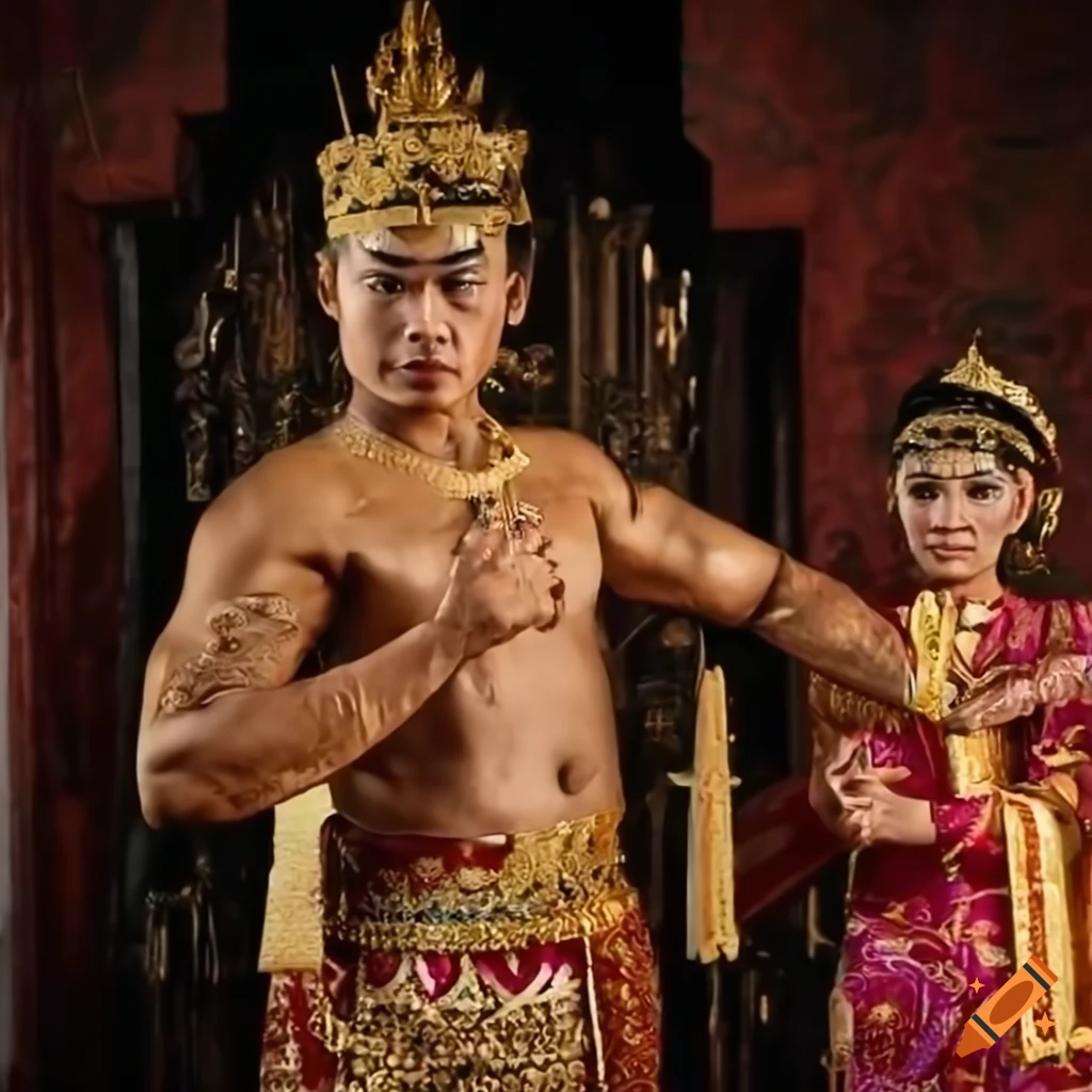 Asian man in javanese warrior prince costume working on temple on Craiyon