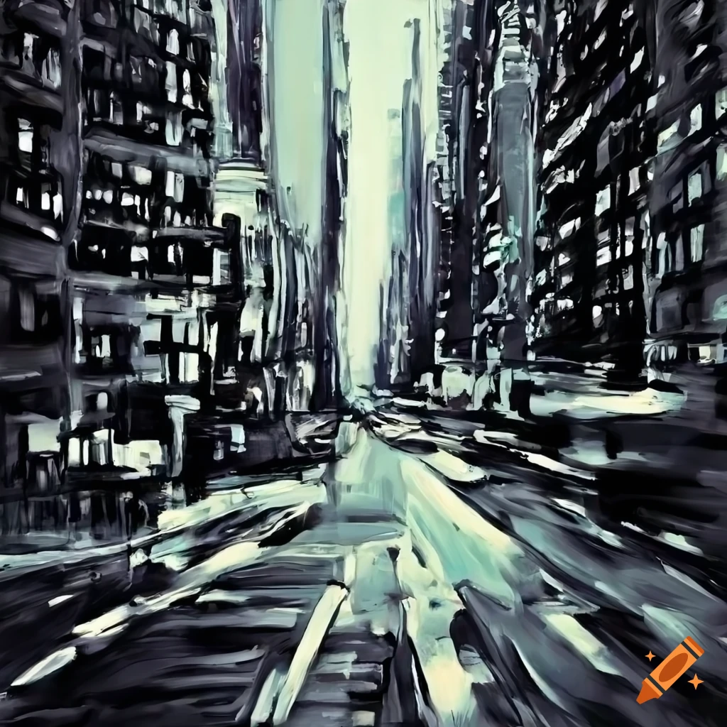 Abstract depiction of a New York city street at night with textured ...