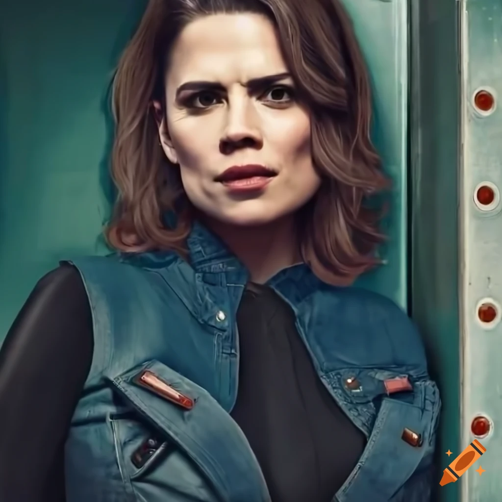 Actress Hayley Atwell lookalike in outlaw biker style outfit on Craiyon