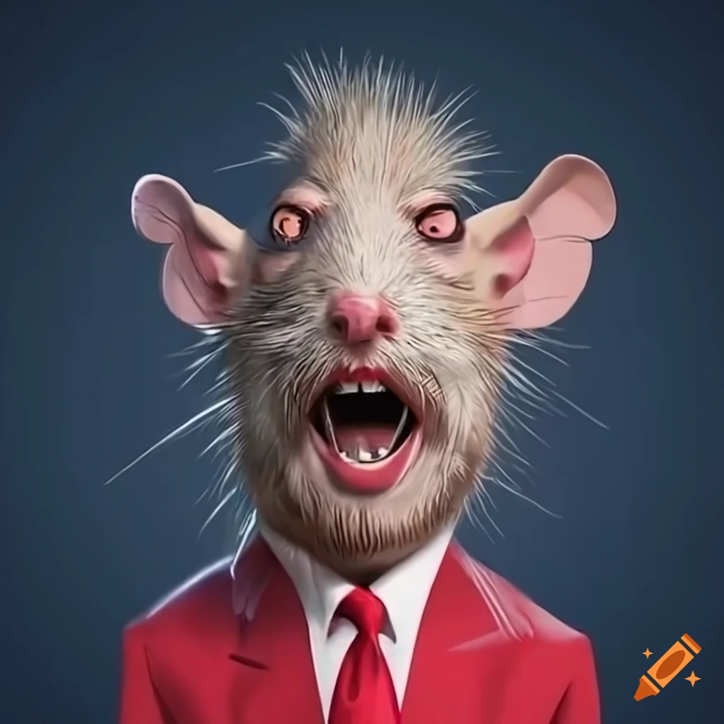 Satirical illustration of a figure in a rat suit at a rally on Craiyon