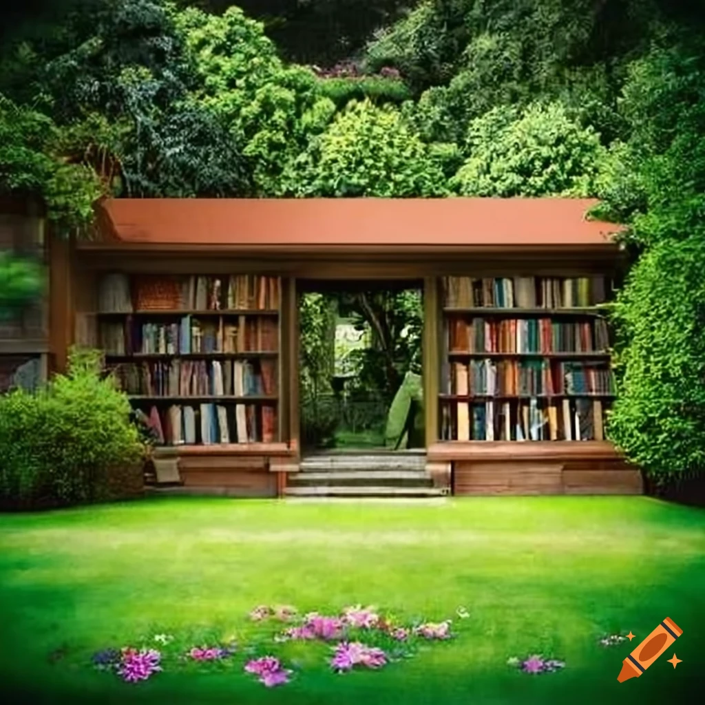Serene garden library surrounded by blooming flowers in a detailed ...
