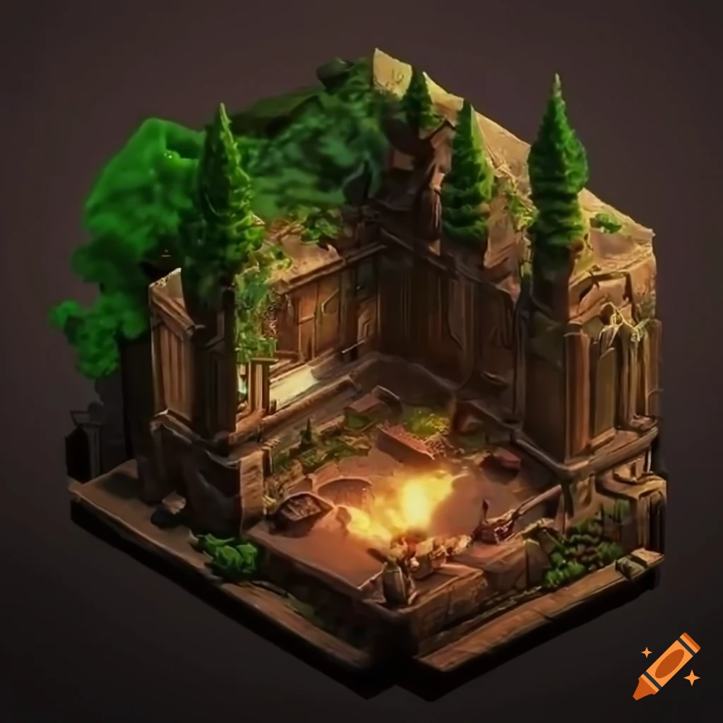 Intricate modular isometric concept art of outdoor nature terrain on ...