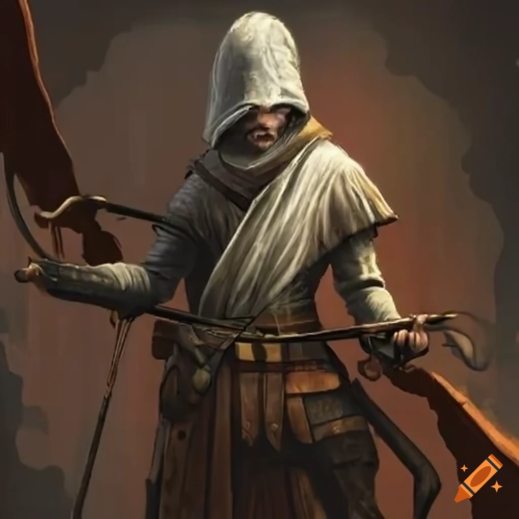 Villager-looking robber with gray skin holding a crossbow on Craiyon