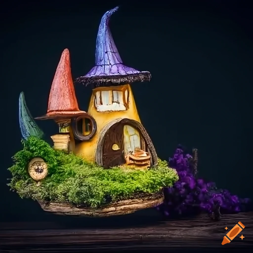 Miniature witch fairy house in close-up photography on Craiyon