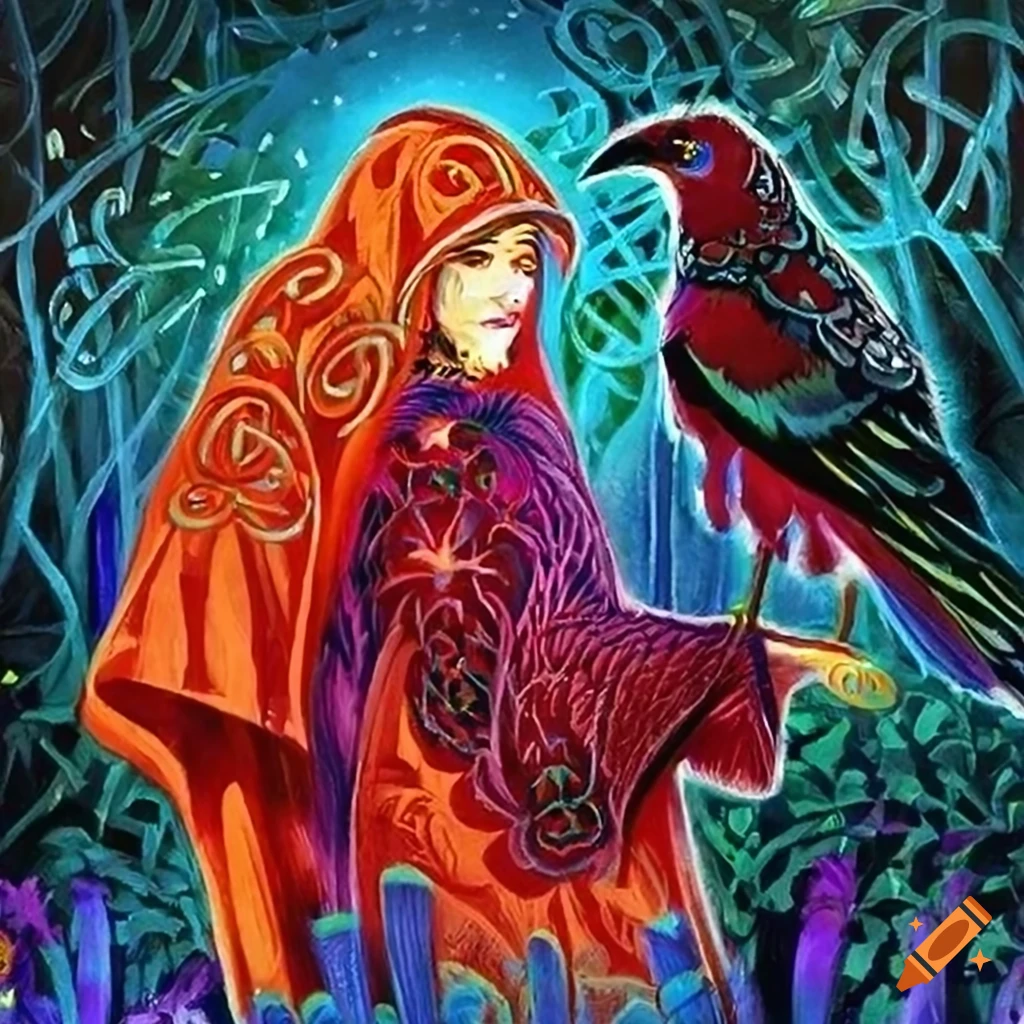 Illustration of Red and White Raven in a forest garden with a colorful ...