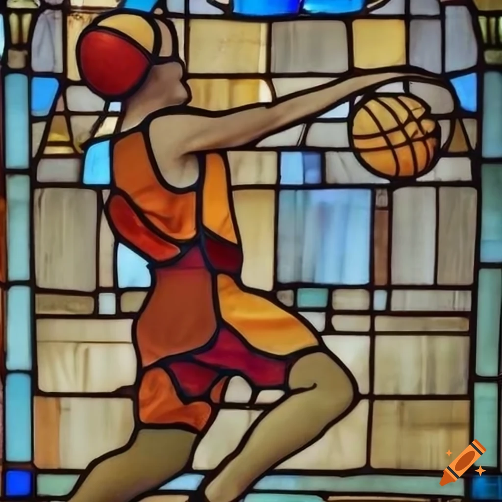 Art nouveau stained glass of basketball player jumping for basket on ...