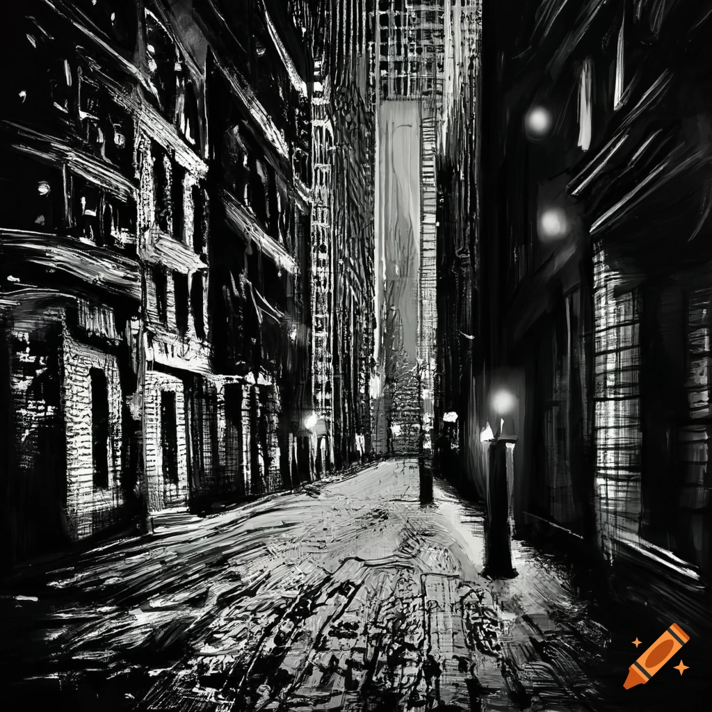 Abstract depiction of a New York city street at night with textured ...