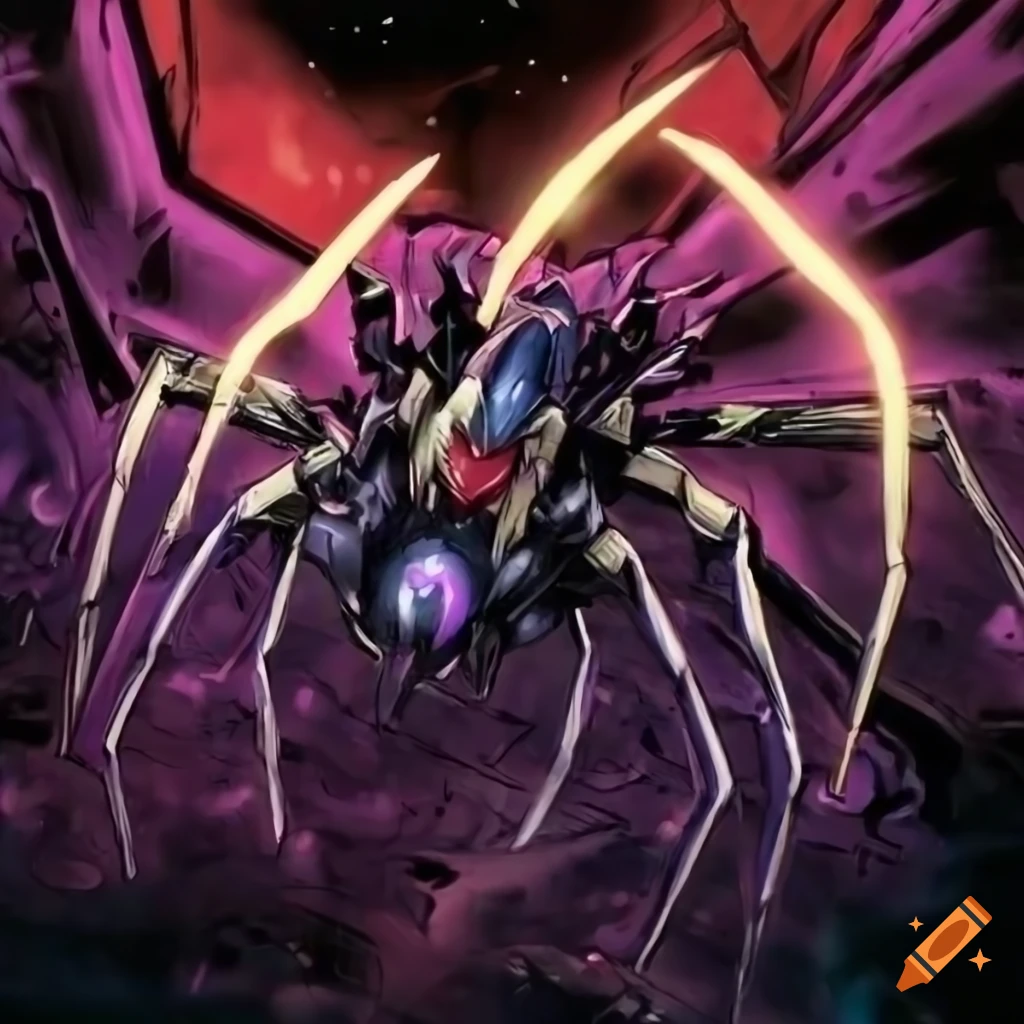 Sci-fi spider in Yu-Gi-Oh card art style on Craiyon
