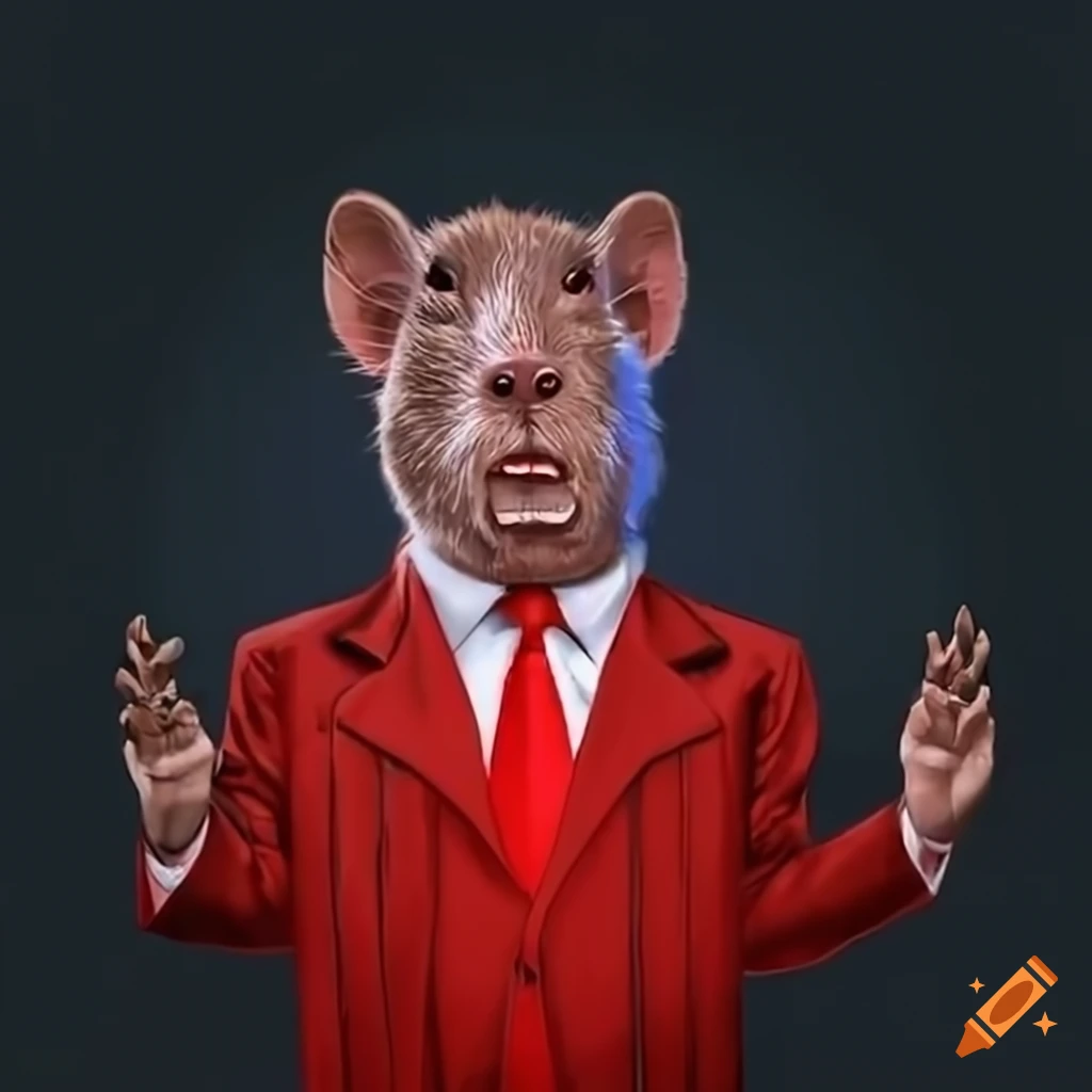 Satirical illustration of a figure in a rat suit at a rally on Craiyon