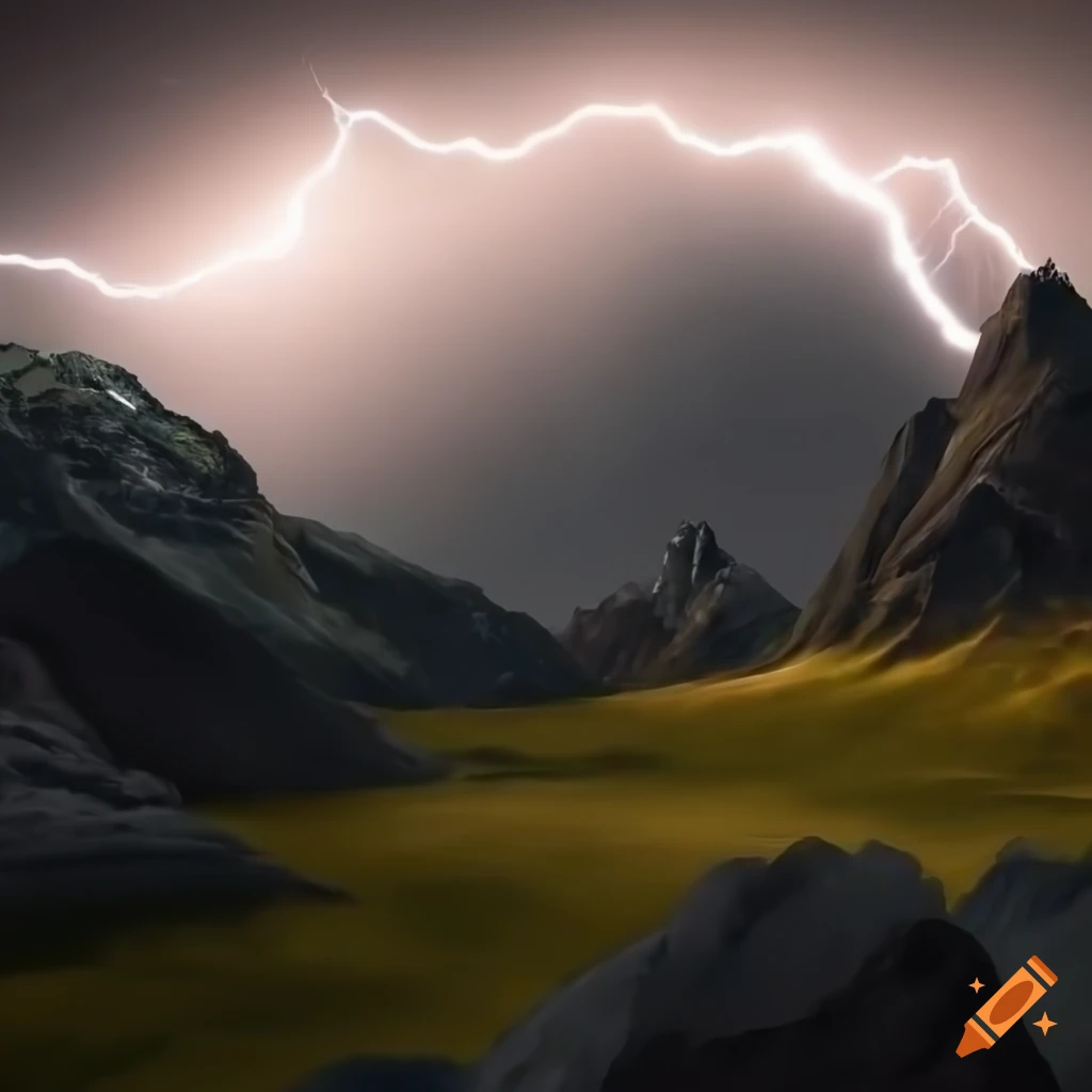 Realistic rocky field with lightning striking mountains in 4k ...