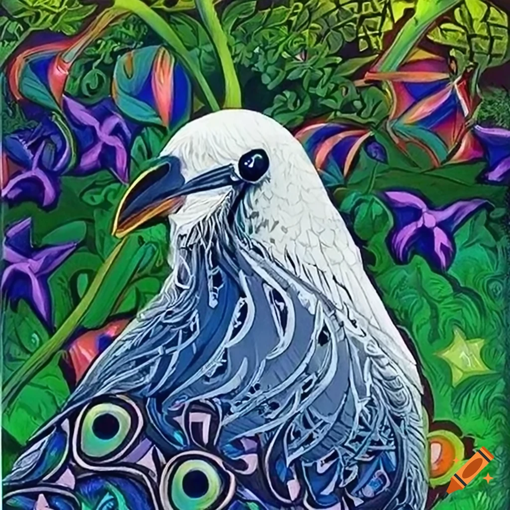 White Raven in a hooded cloak of colorful peacock feathers in a forest ...