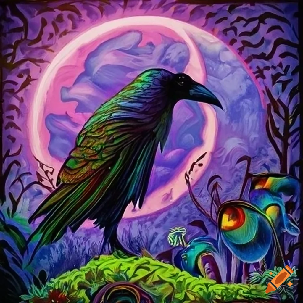 White Raven in a hooded cloak of colorful peacock feathers in a forest ...