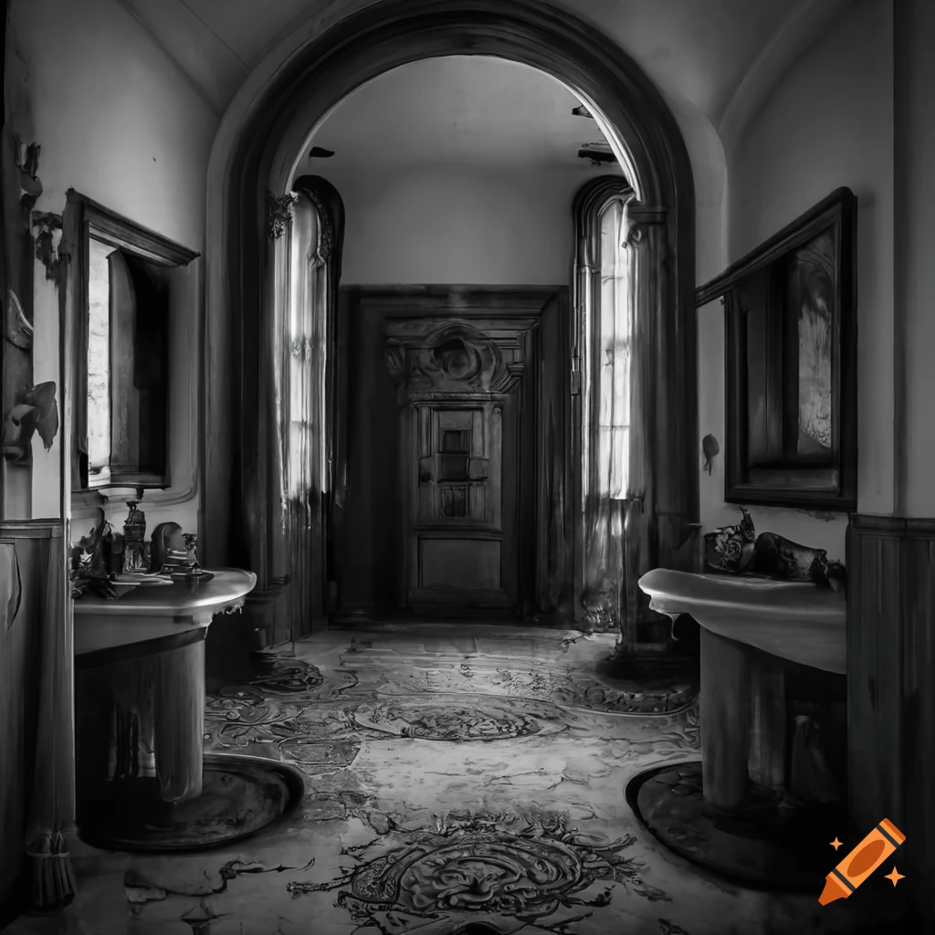 Elegant and creepy monochrome bathroom in an old mansion on Craiyon