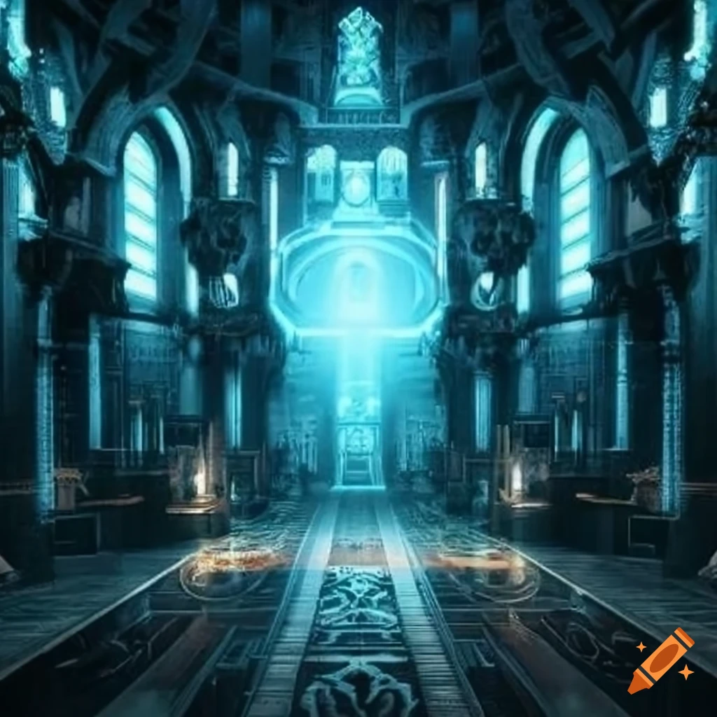 Enormous palace interior filled with strange humanoid aliens in a foreboding throne room on Craiyon