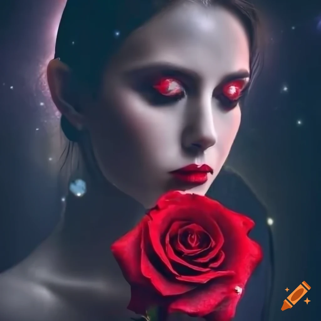 Beautiful female with red rose under dark moonlight in a starry galaxy looking sad on Craiyon