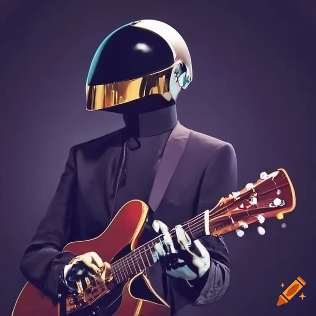 Daft Punk performing on stage with acoustic guitars in vintage style on Craiyon