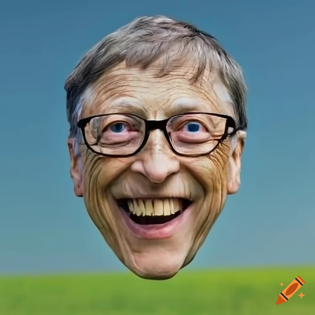 Hyper-realistic floating head of bill gates with sharp teeth in a green ...