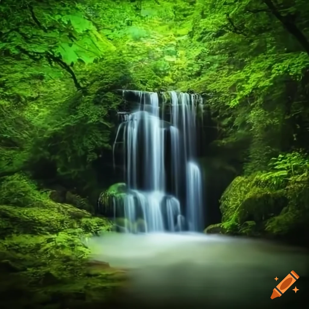 Powerful black and white horse in a green forest waterfall setting on ...