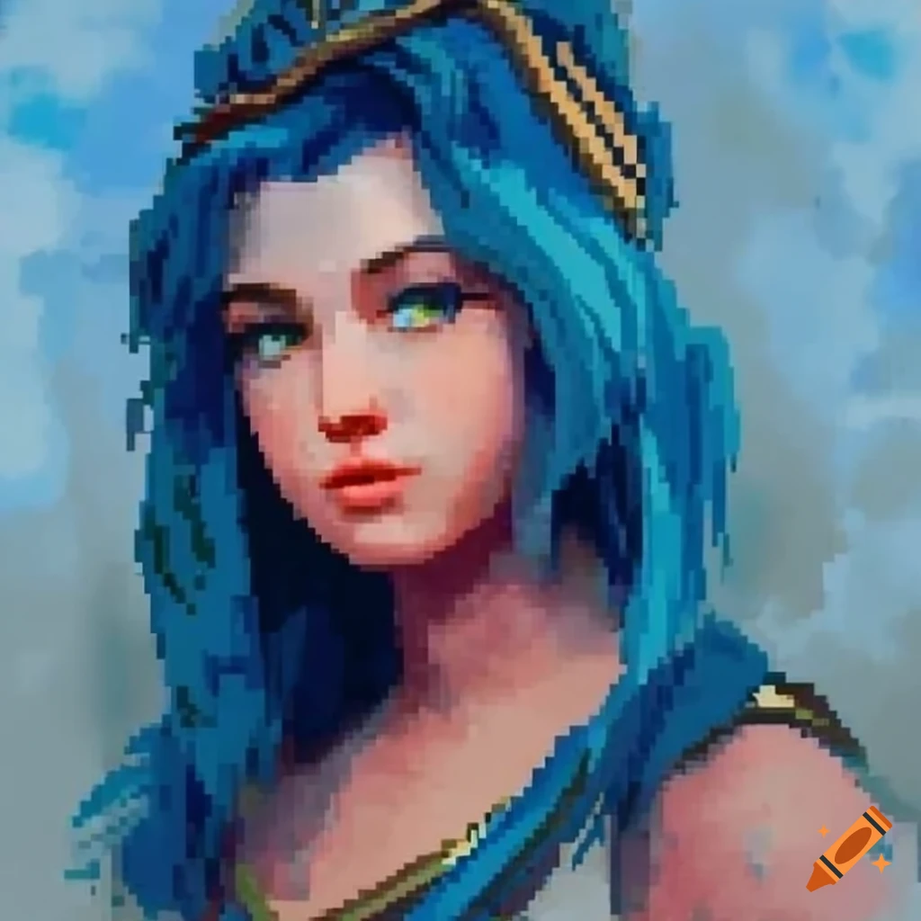 1990 retro pixelated portrait of a blue-haired j-rpg demi-elf heroine ...