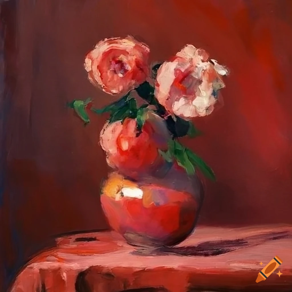 Red still life painting in an impressionist style on Craiyon