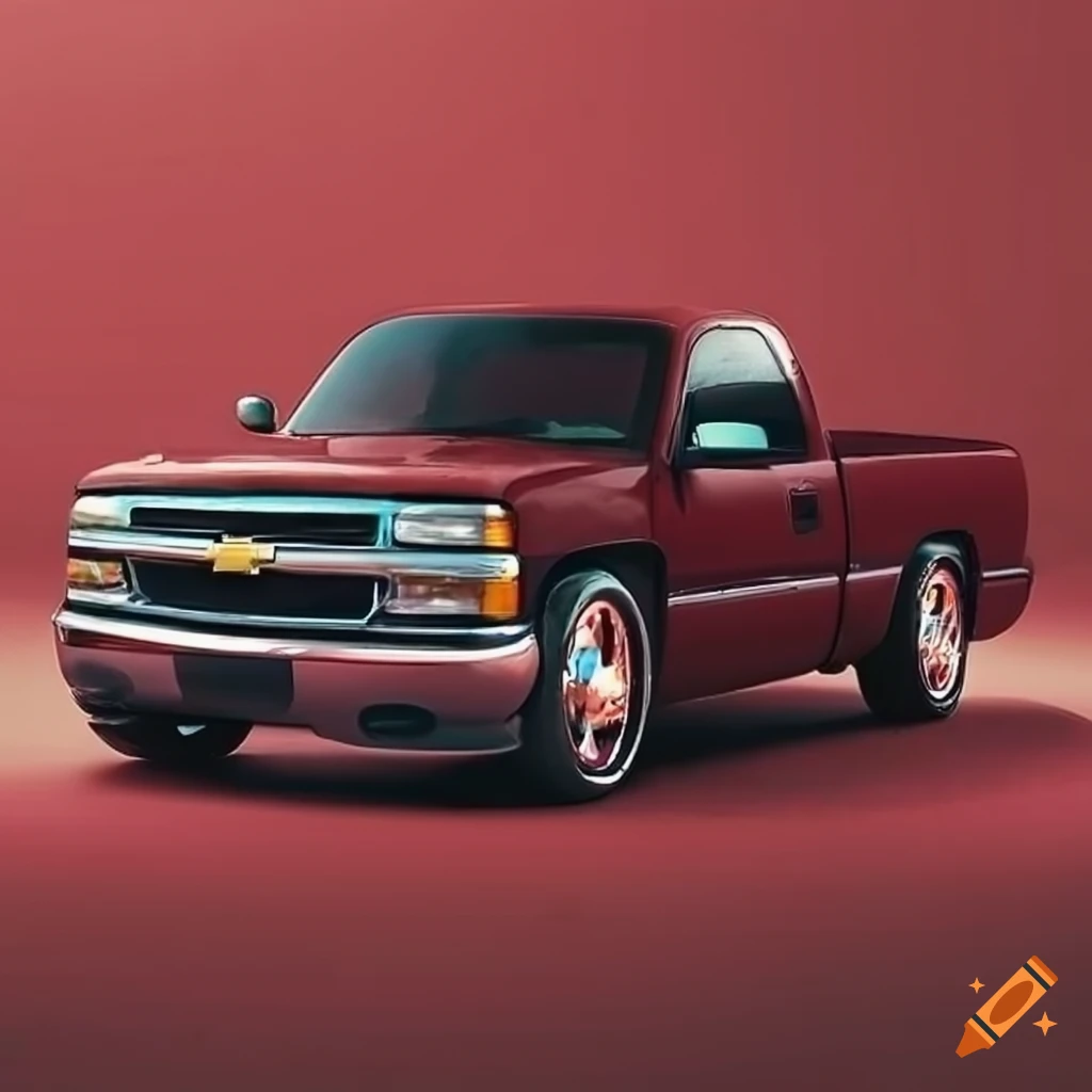Burgundy single cab Chevy Silverado lowrider on Craiyon