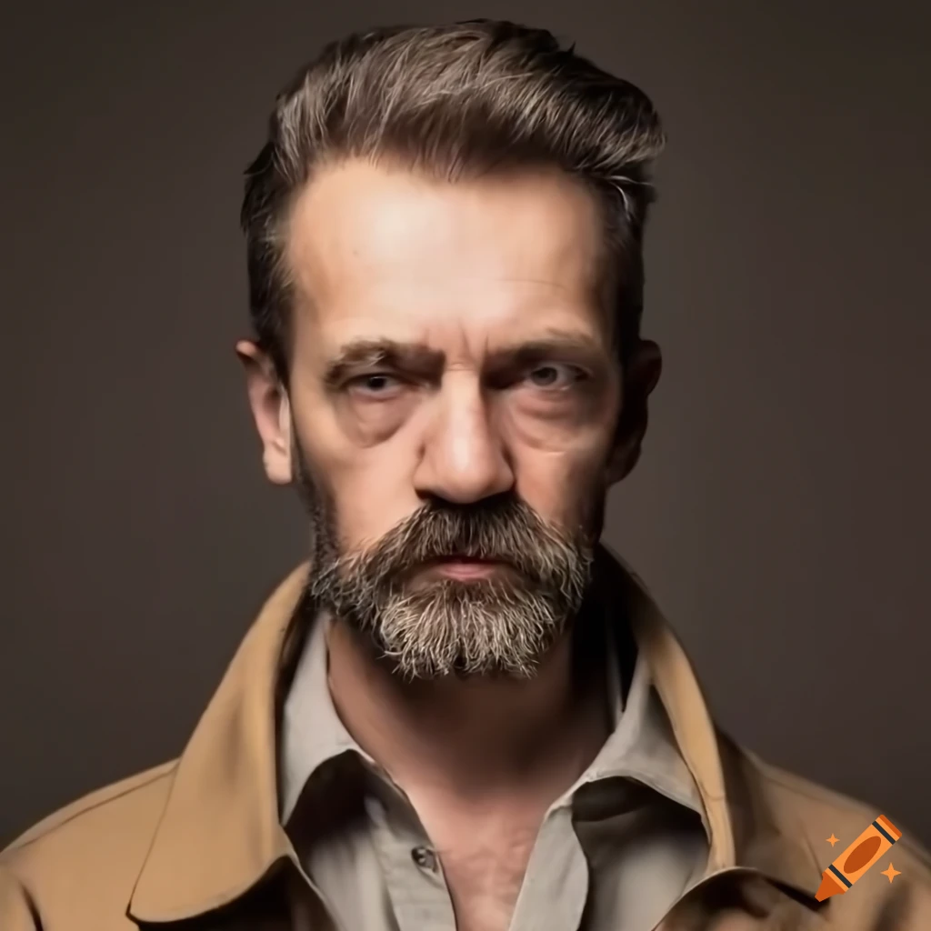 Middle-aged man with brown hair and beard in trench coat and dress pants on Craiyon